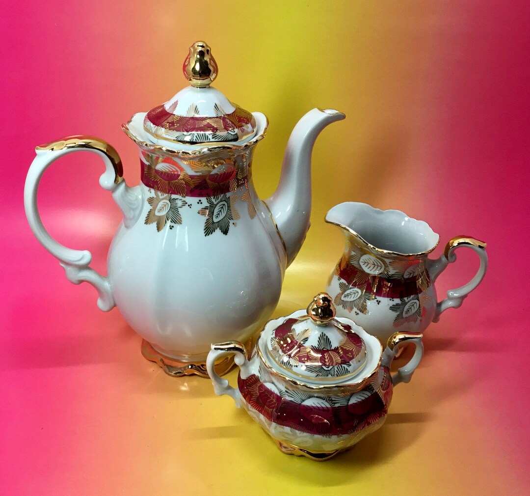 Rodolf Wachter Bavaria Red & Gold Filigree Teapot, Creamer and Sugar ...