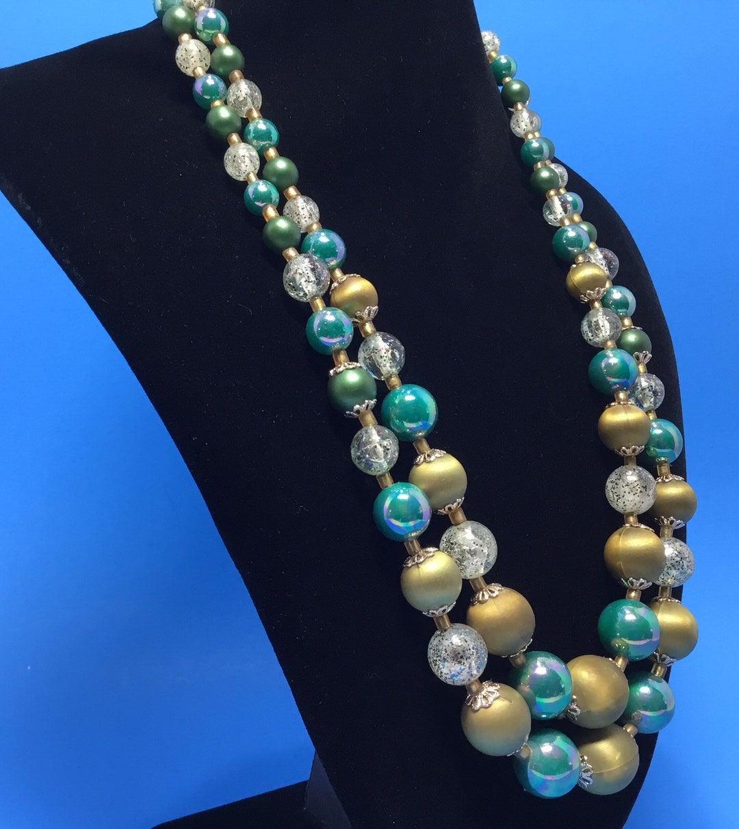 Green Speckled Faux Double String Pearl Mid Century Necklace - Etsy
