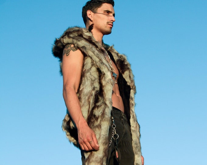 Men's Faux Fur Hooded Vest in silver Wolf or | Etsy
