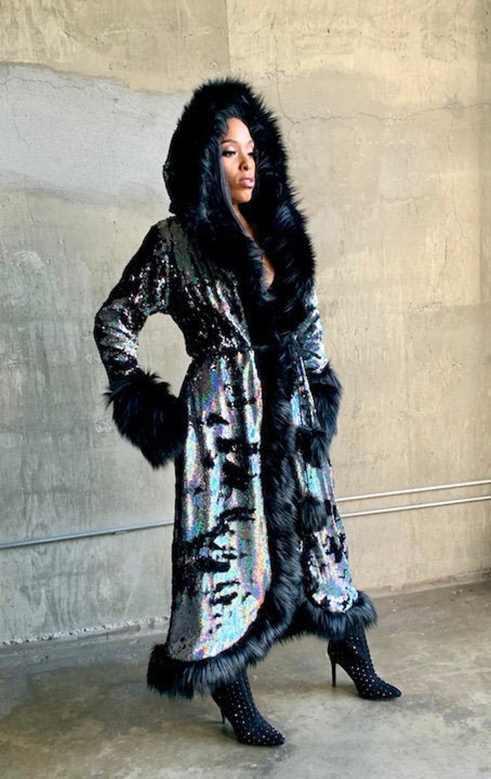 Women's Women's Sequin Hooded Faux Fur Trim Long Coat - Etsy