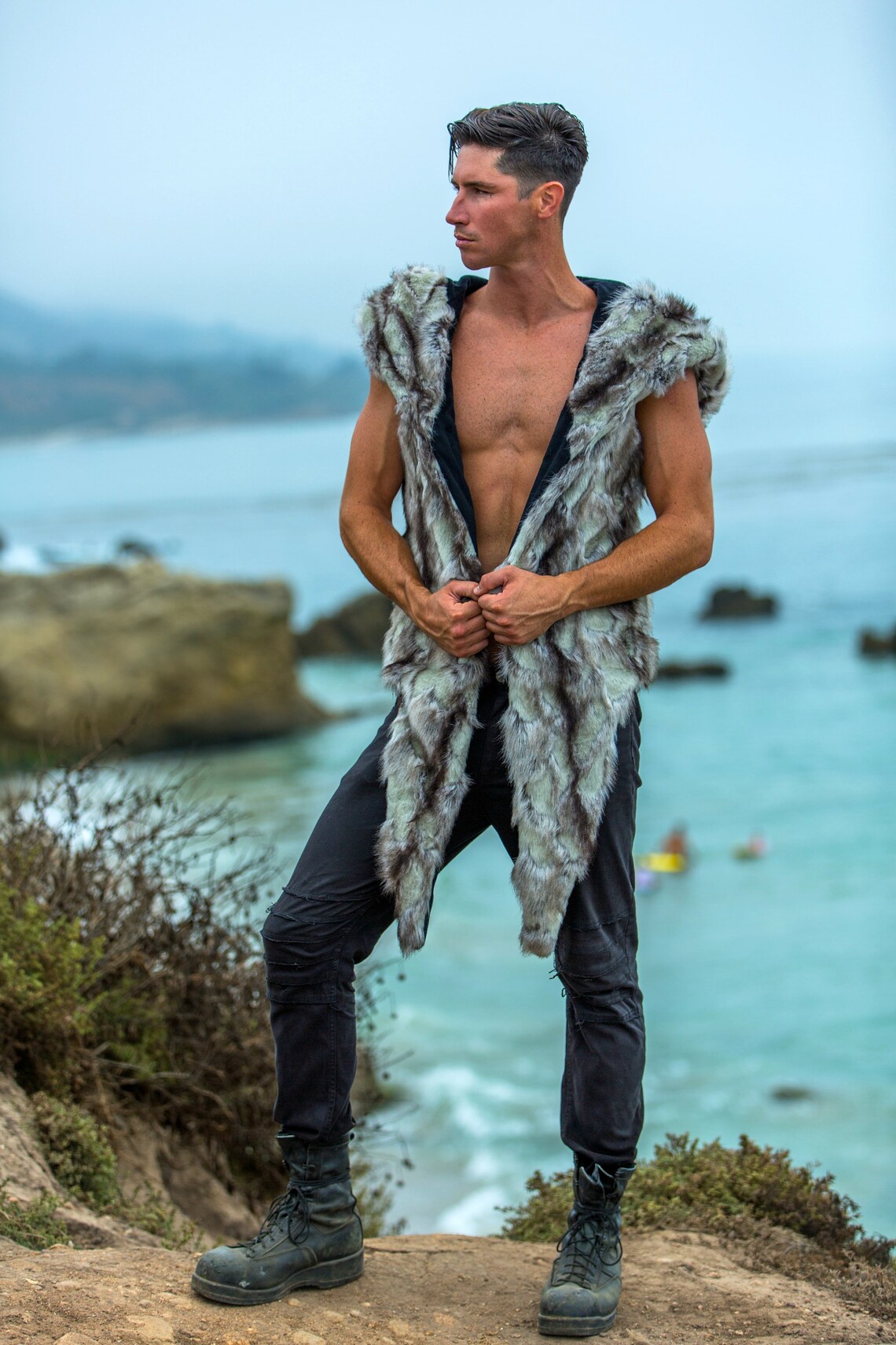 Men's Faux Fur Hooded Vest in Silver Wolf or | Etsy