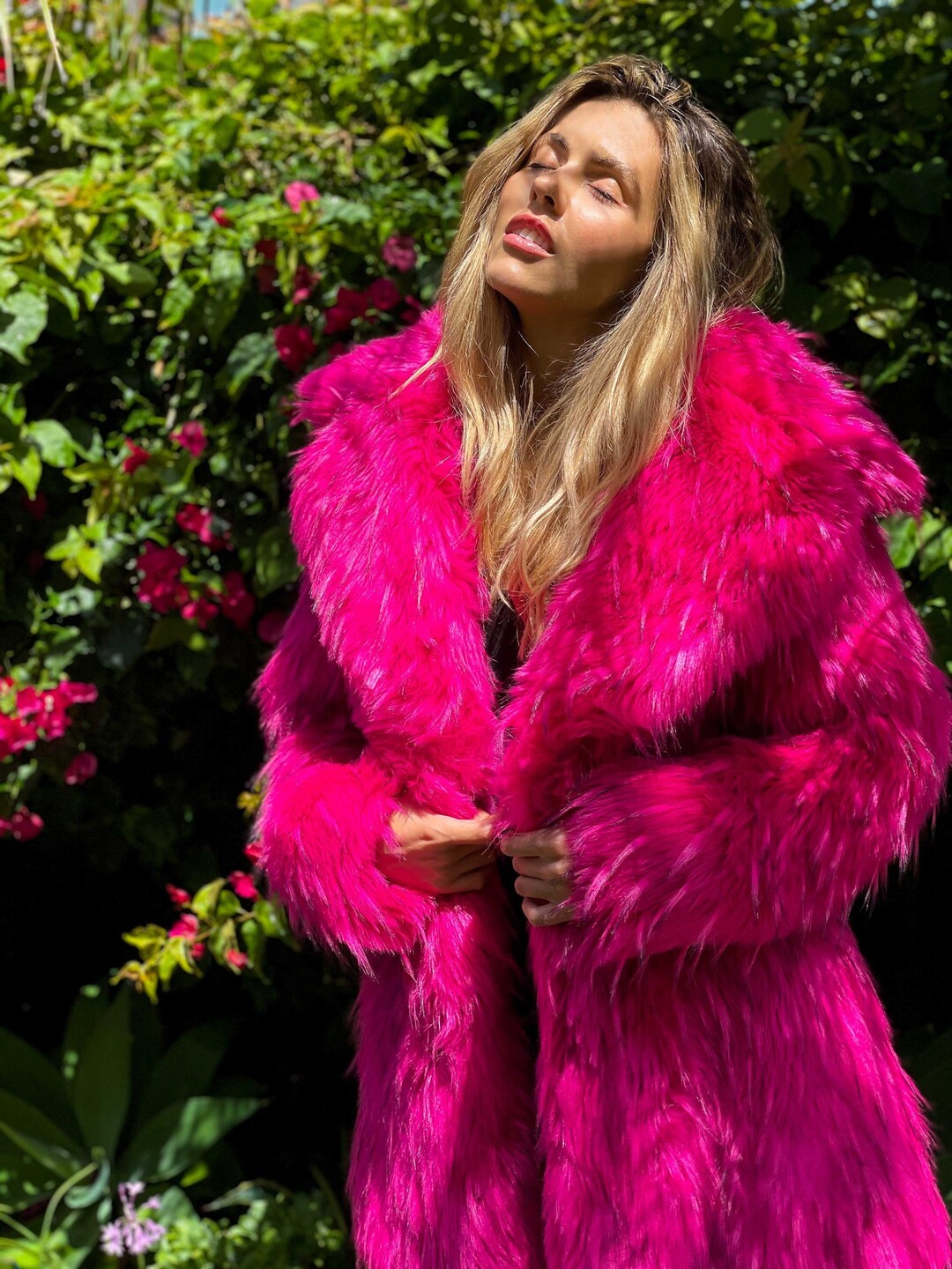 Women's Faux Fur Collared Short Coat in Pink Flamingo Fur Luxury Fur ...