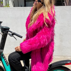 Women's Faux Fur Collared Short Coat in Pink Flamingo Fur Luxury Fur ...