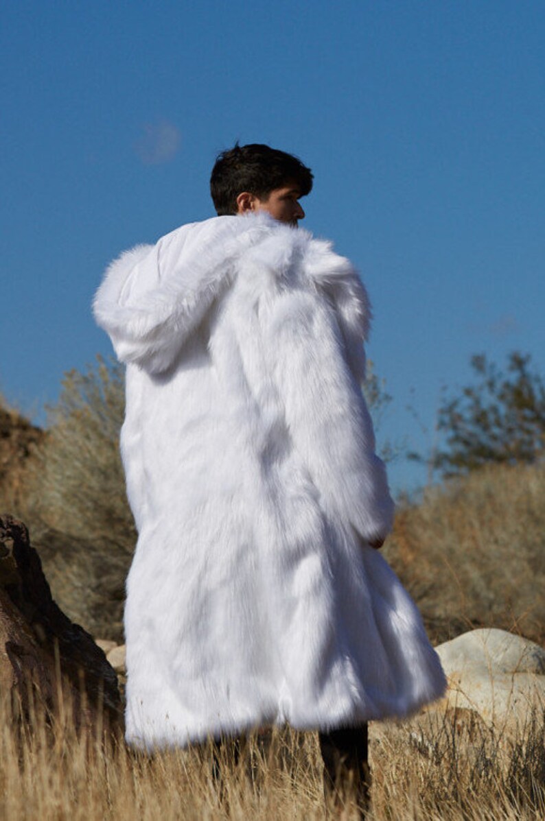Men's Faux Fur White Hooded Lapel Collar Coat in - Etsy