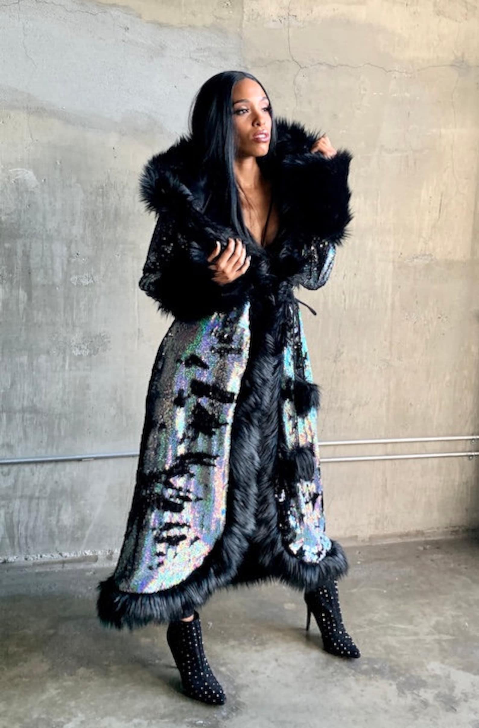 Women's Women's Sequin Hooded Faux Fur Trim Long Coat - Etsy