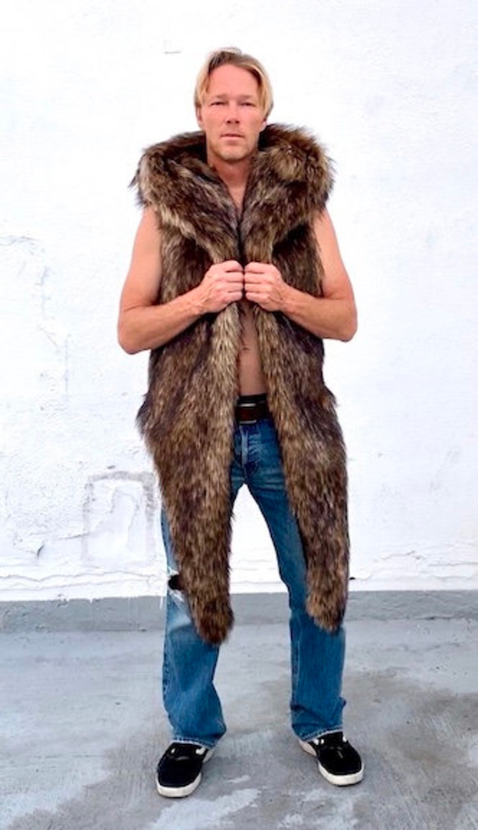 Men's Faux Fur Hooded Vest in brown Luxury Fake - Etsy