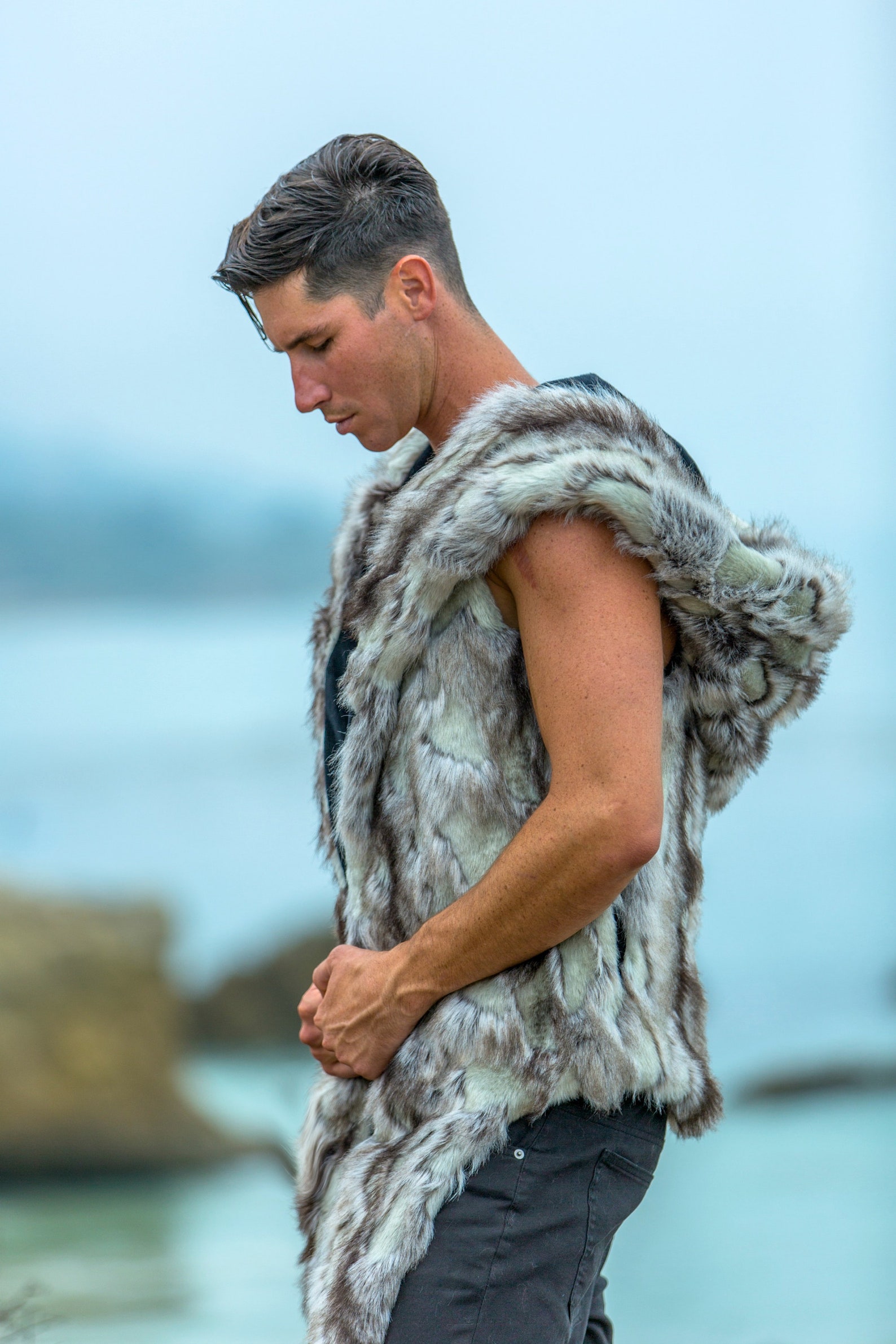 Men's Faux Fur Hooded Vest in Silver Wolf or | Etsy