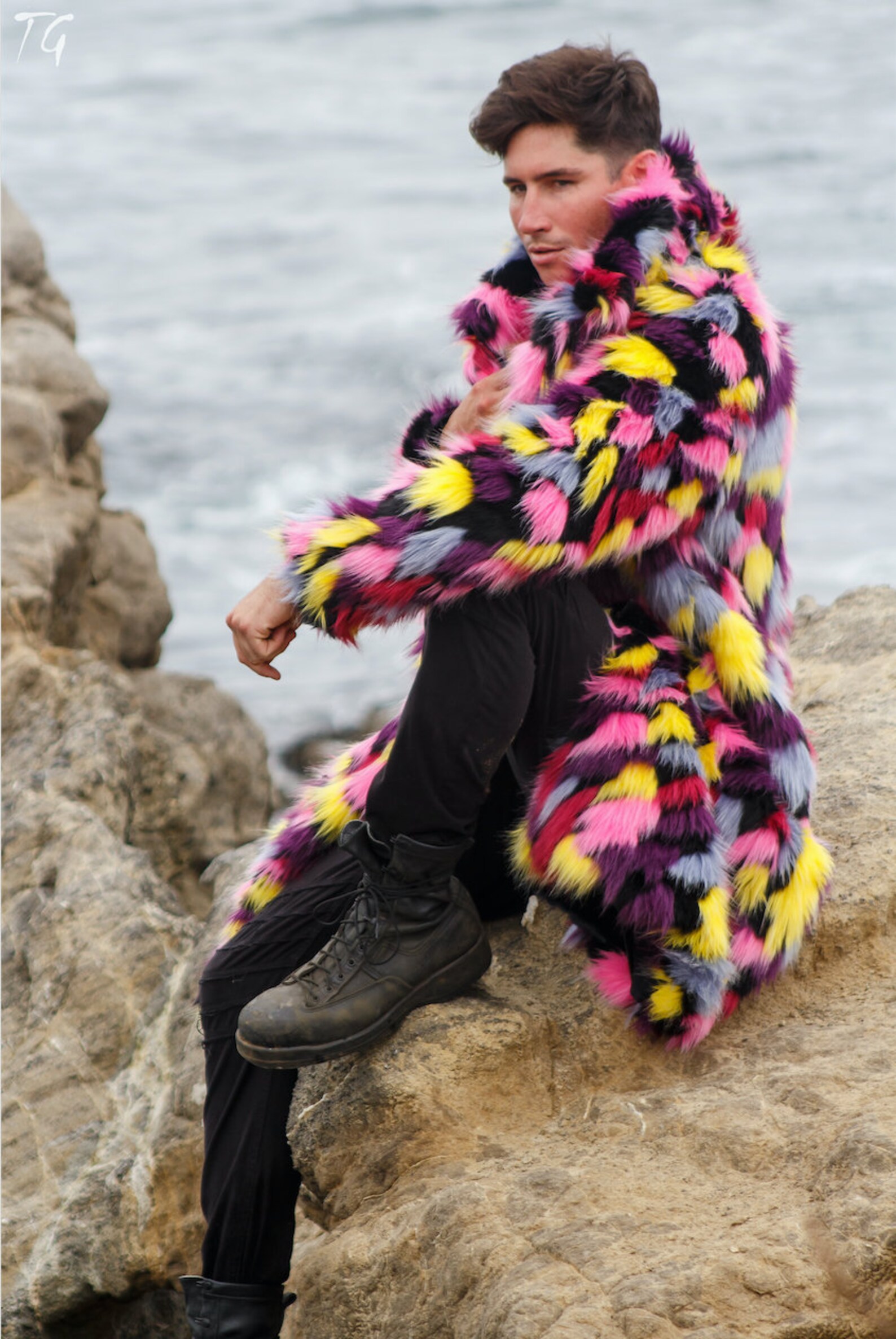 Men's Faux Fur Multi Color Coat, Fake Fur Jacket, Vegan Fur Festival ...