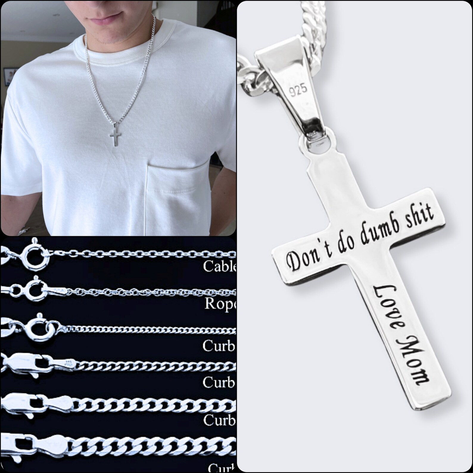 Sterling Silver Engraved Cross Necklace. Sterling Silver - Etsy