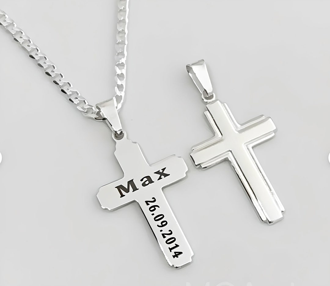 Sterling Silver Engraved Cross Necklace Mens Cross Customized Cross ...