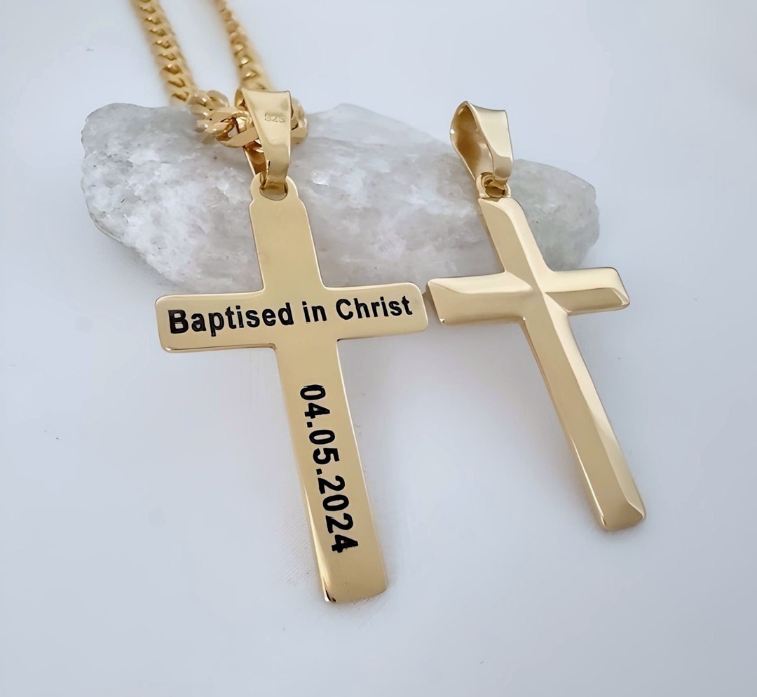 Engraved Gold Cross Necklace Personalized Gold Cross Pendant Necklace ...