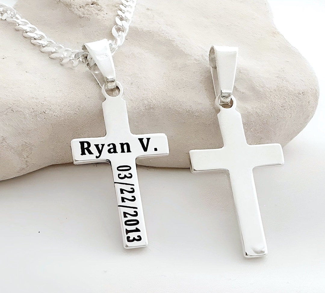 925 Sterling Silver Engraved Cross Necklace Mens Personalized Cross ...