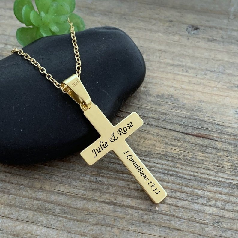 Engraved Gold Cross Necklace. Women Gold Cross necklace. | Etsy