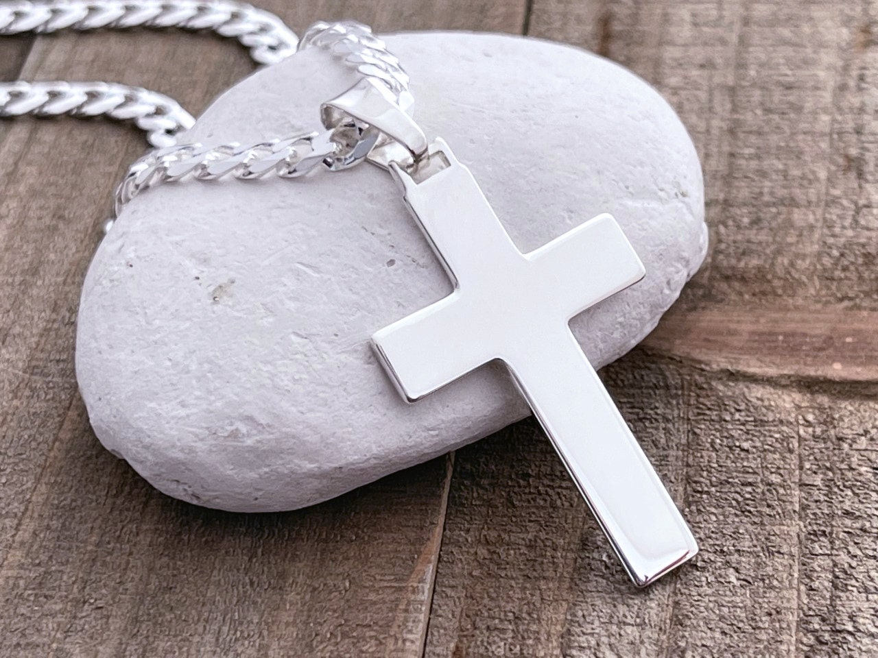 Engraved Cross for Men. Sterling silver Cross necklace. Flat | Etsy