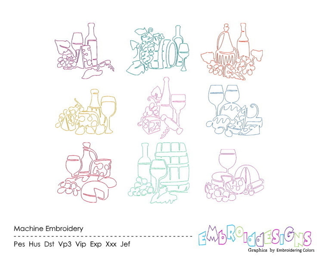 Wine Machine Embroidery Design Set Cheese Embroidery Designs Continuous ...