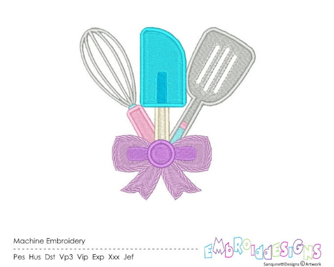 Kitchen Utensils Machine Embroidery Design with Bow Kitchen | Etsy