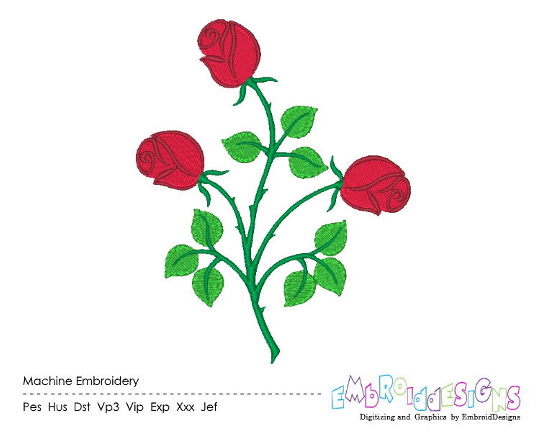 Red Rose Machine Embroidery Design Stemmed Roses Embroidery Designs ...