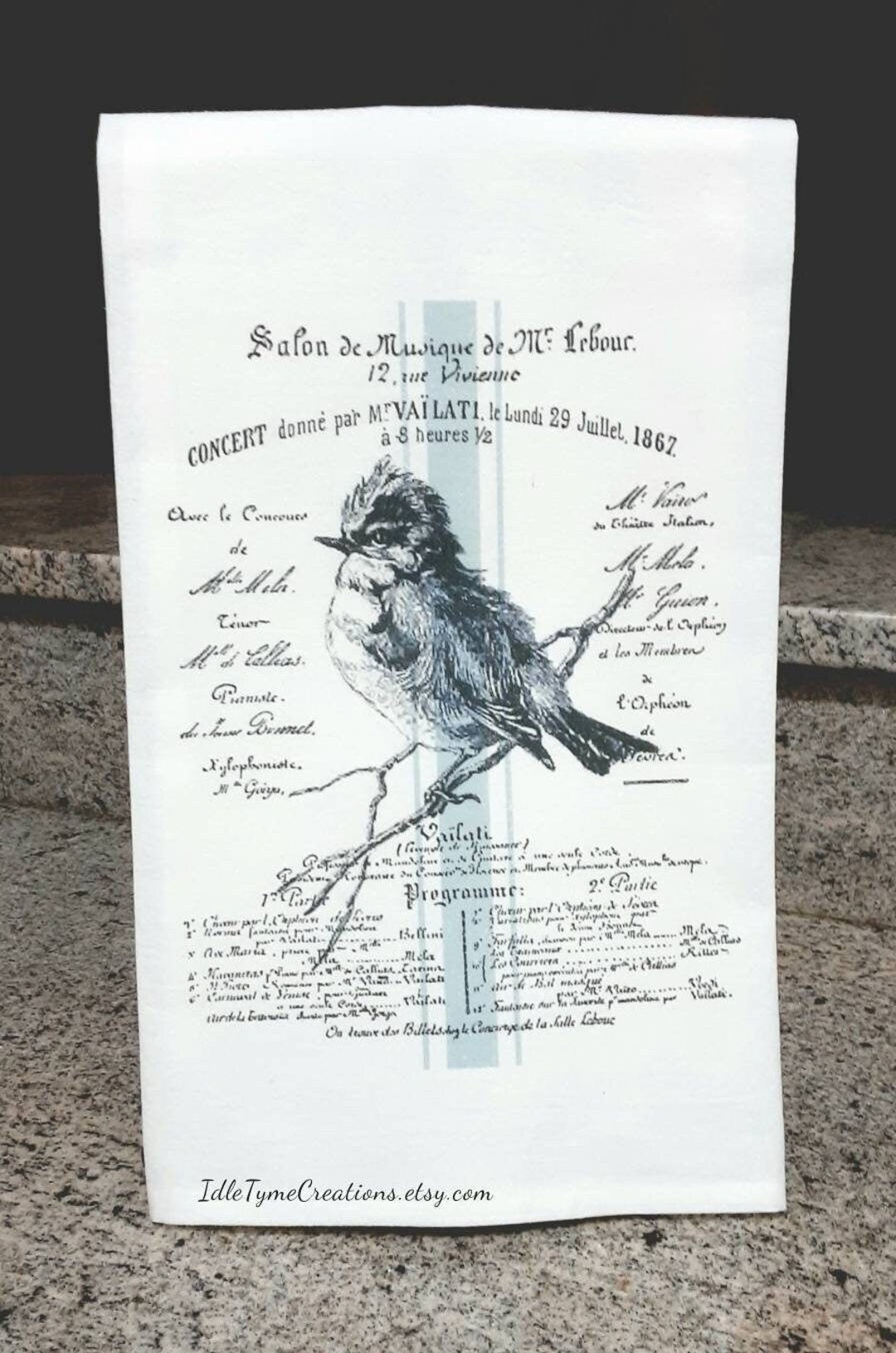 French Country Flour Sack Towel, Vintage Writing & Songbird Tea Towel ...