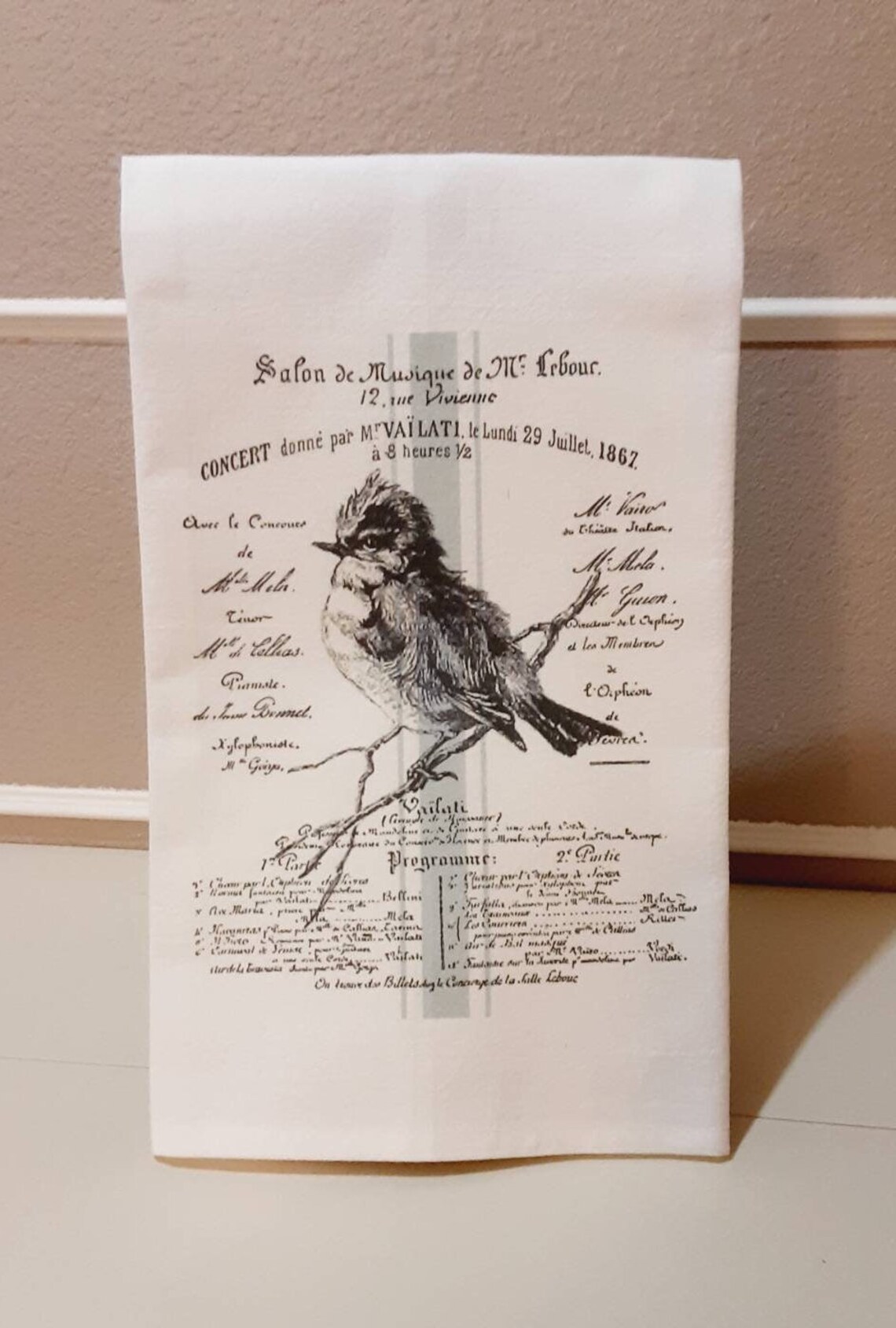 French Country Flour Sack Towel, Vintage Writing & Songbird Tea Towel ...