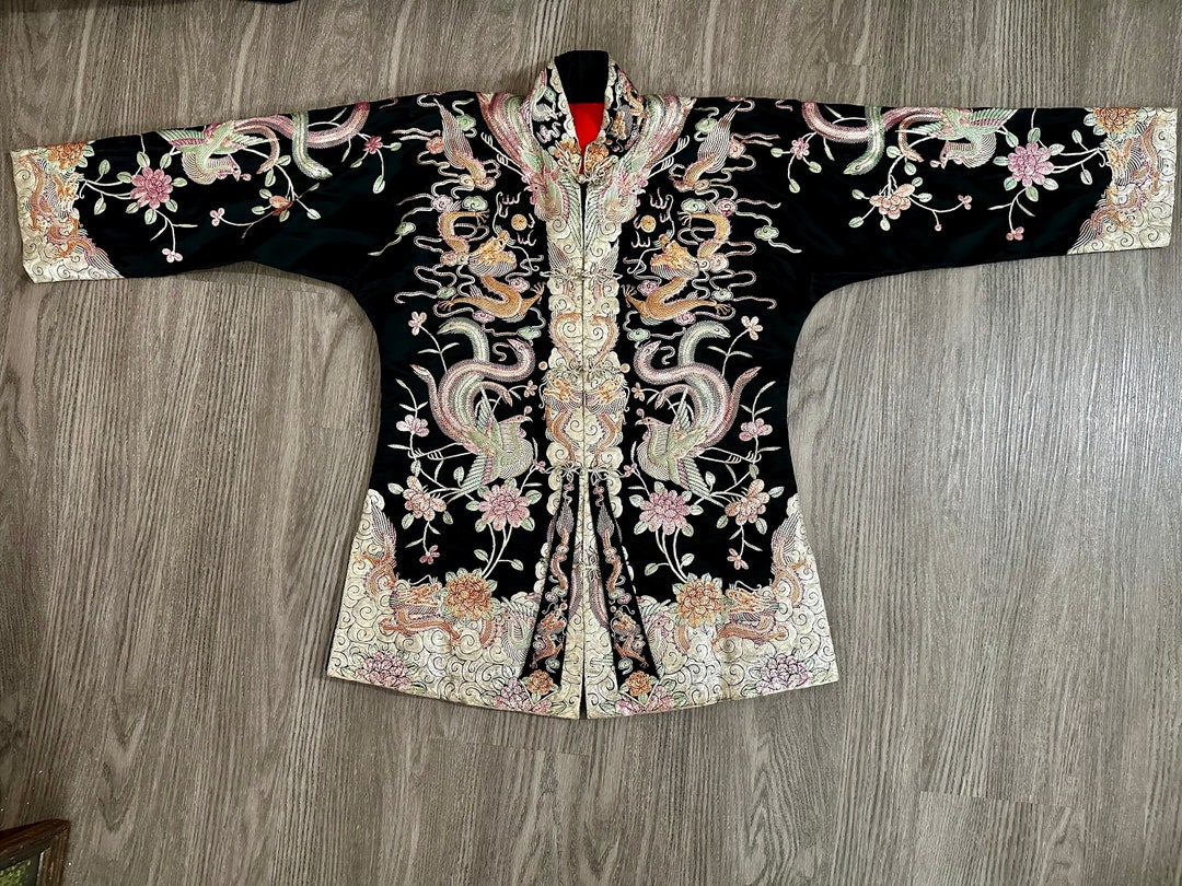 Vintage 1920s Chinese Kimono Jacket W/art Deco Silver Bullion Trapunto Embroidered Dragons ...