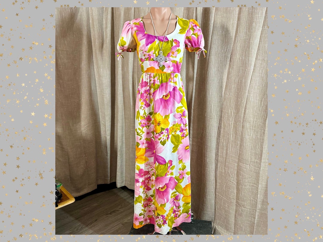 Vintage 1970s Mod Dolly Maxi Dress W/splashy Hawaiian Floral, Empire ...
