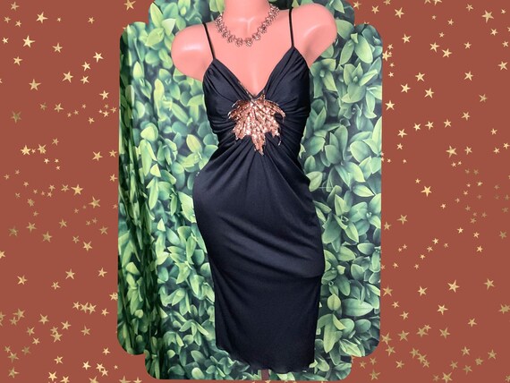 Sexy Vintage 1970s Black Jersey Disco Dress W Sequin… Gem