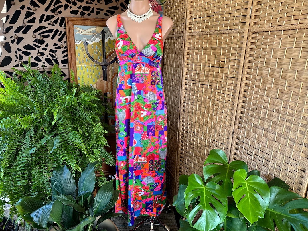 Vintage 1960s 1970s Halter Bra Maxi Dress, Pop Art Psychedelic Print W ...