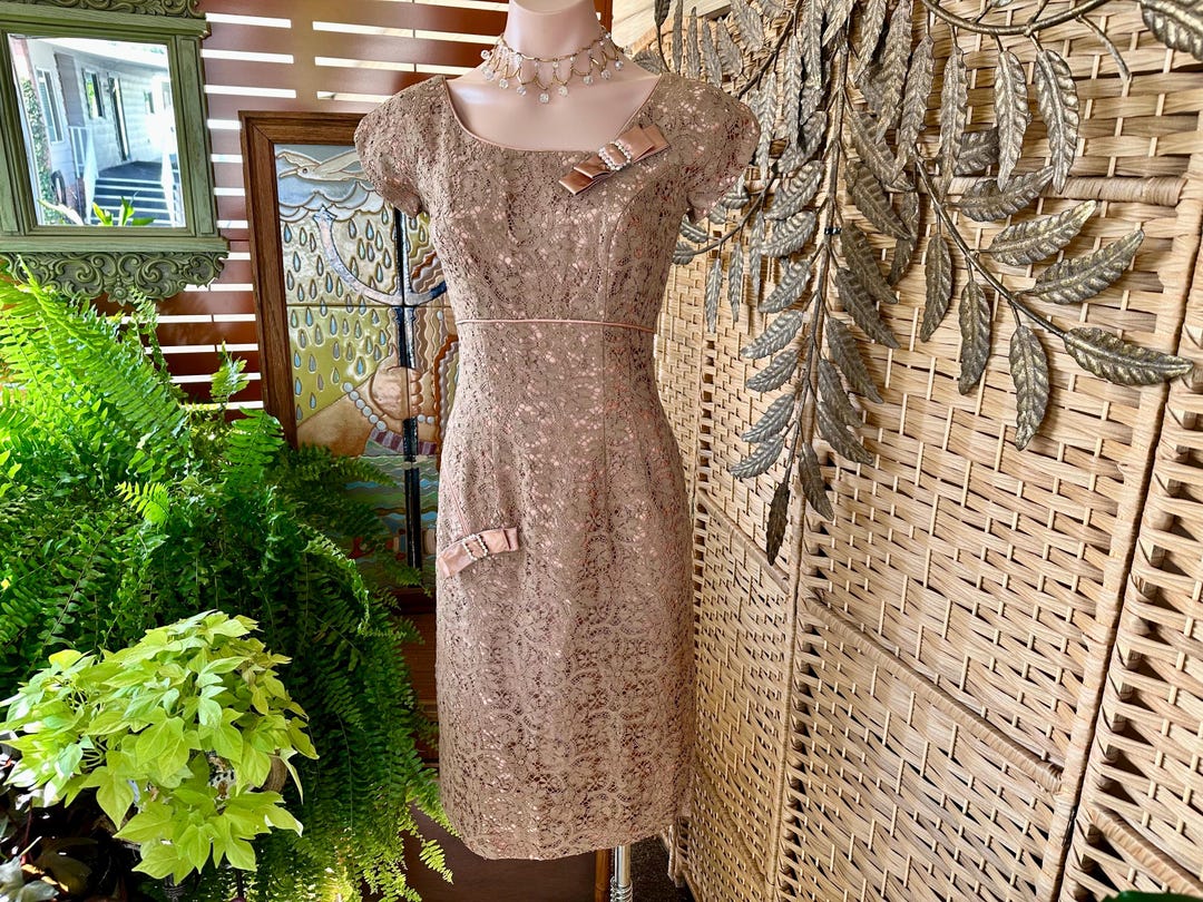 Vintage 1960s Hourglass Lace + Satin Wiggle Dress, Rhinestones, Bows ...