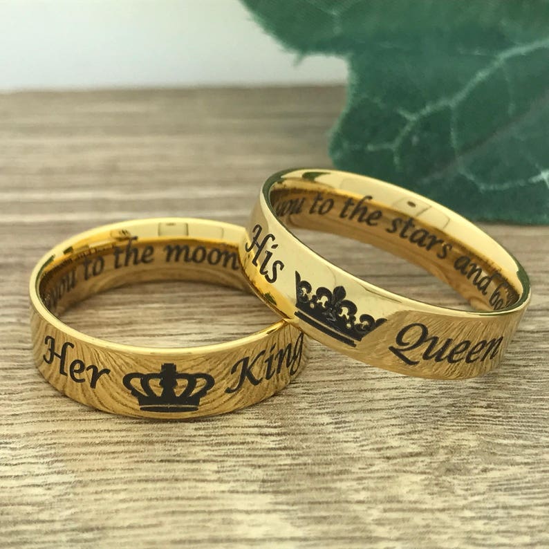 Personalized Engrave Her King and His Queen Rings Gold Plated | Etsy