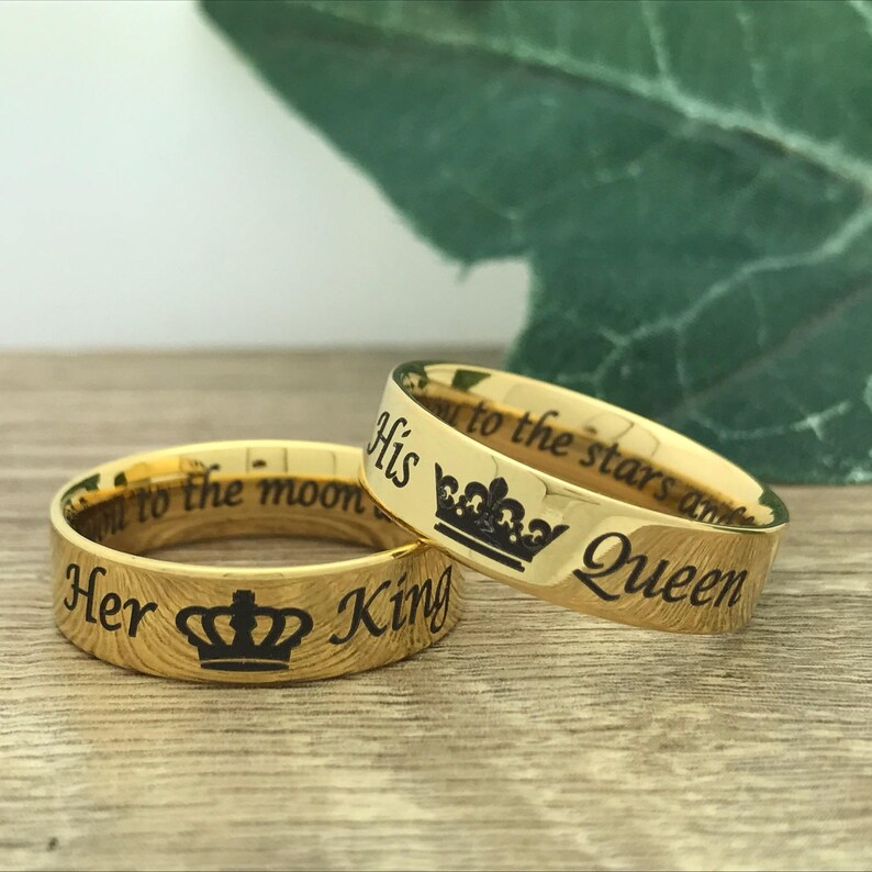 Personalized Engrave Her King and His Queen Rings Gold Plated | Etsy