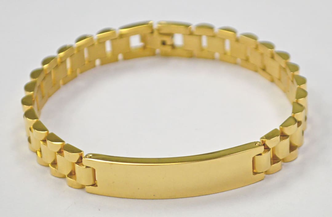 Men's ID Bracelet, Personalized Custom Engrave ID Bar Bracelet, Gold ...