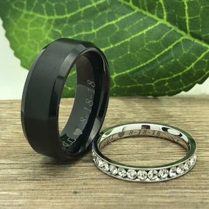 8mm/3mm His and Her Personalize Engrave Titanium Ring, Black Plated ...