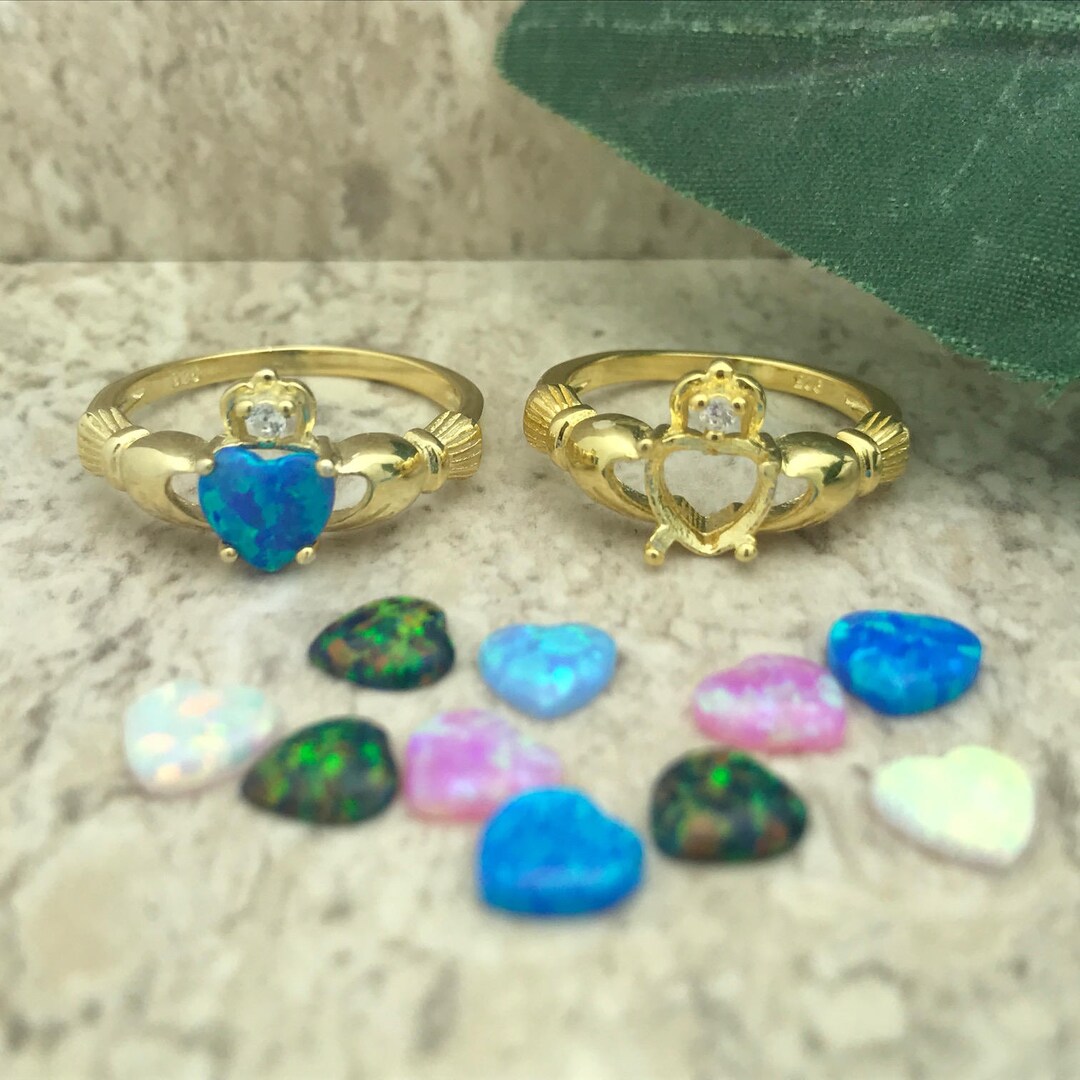 Lab Opal Claddagh Ring, Claddagh Engagement Ring, Yellow Gold Plated ...