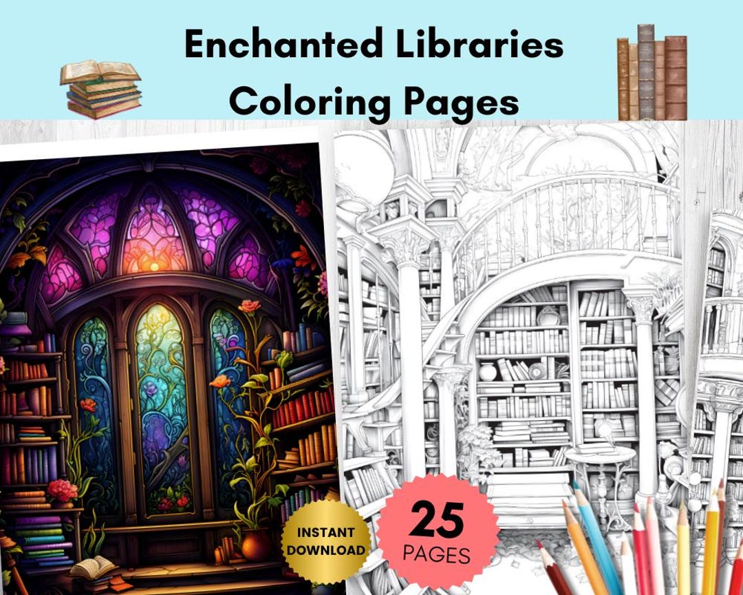 Enchanted Libraries Coloring Pages, 50 Book Lovers Coloring Pages for ...