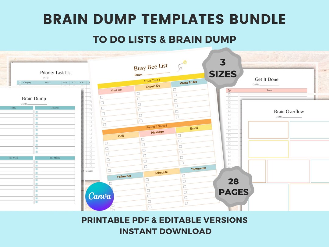 Brain Dump to Do List Bundle, ADHD Brain Dump Editable Templates ...