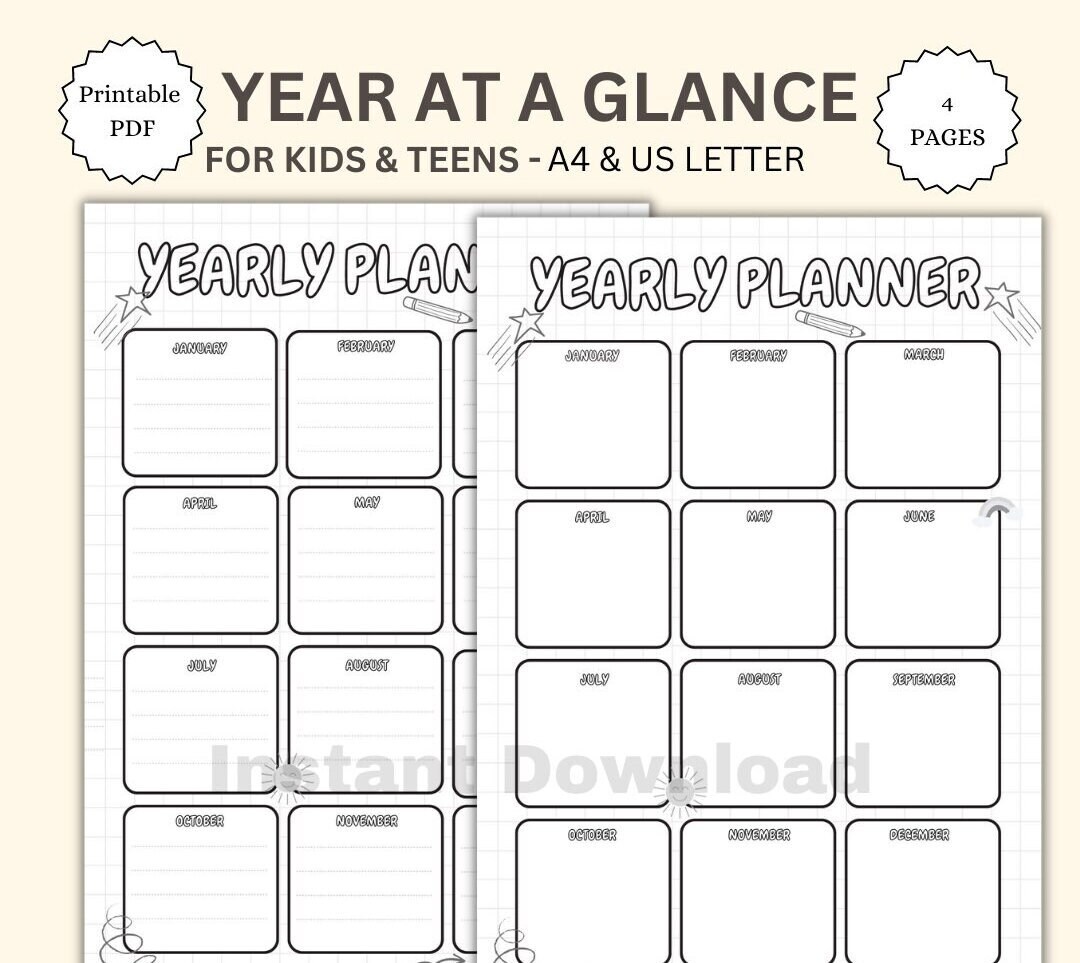 Printable Kids Calendar Year at A Glance, Yearly Calendar to Colour ...