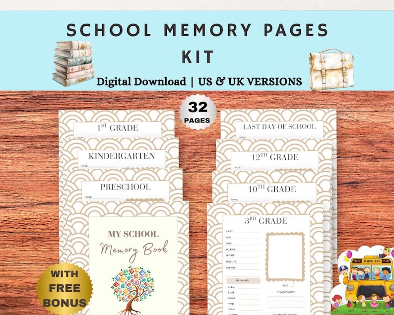 School Memory Book Kit Printable US & UK Keepsake School Years Pages ...