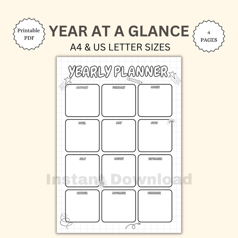 Printable Kids Calendar Year at A Glance, Yearly Calendar to Colour ...