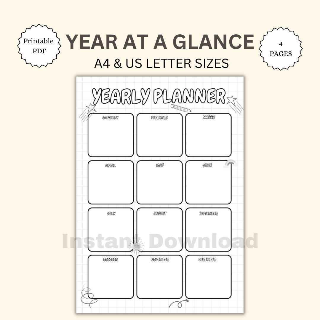 Printable Kids Calendar Year at A Glance, Yearly Calendar to Colour ...