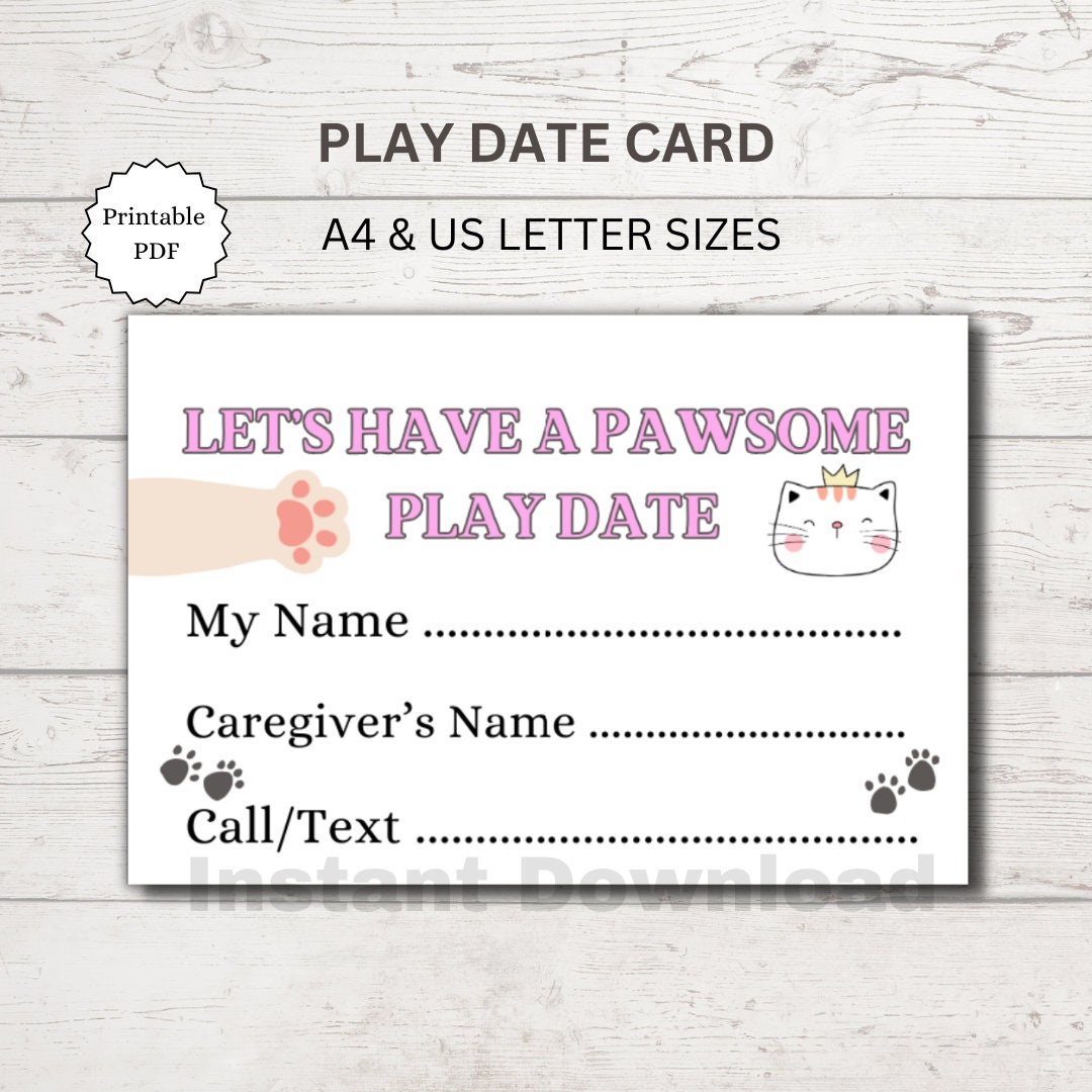 Printable Play Date Cards, Playdate Invite, Summer Contact Cards, Cat ...
