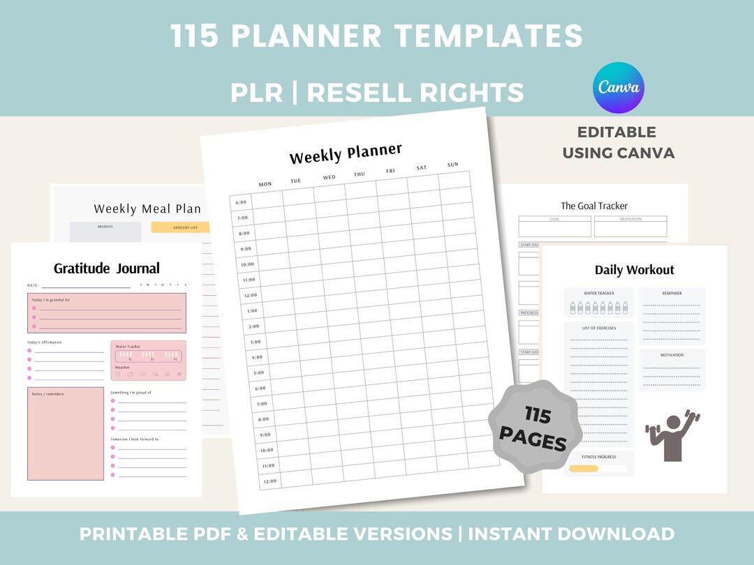 115 PLR Planner Templates Bundle, Printable Planner Pages, Canva ...