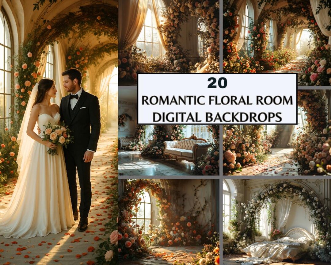 20 Romantic Floral Hoop Room Backdrops Digital Bundle Couples Portraits ...