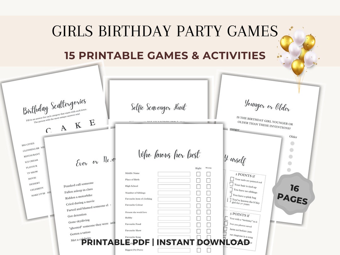 15 Girls Birthday Games Bundle, Printable Party Games Minimalist Simple ...