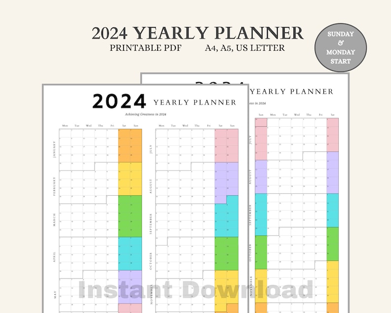 2024 Yearly Planner, Printable Year Planner on 1 Page, Goal Setting ...