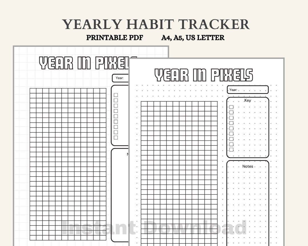 Yearly Habit Tracker Printable, Dot Grid, Year in Pixels, Routines ...