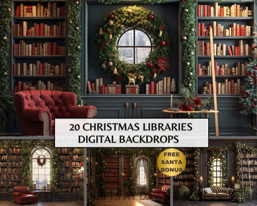 Christmas Libraries Digital Backdrops Bundle, 20 Christmas Backgrounds ...