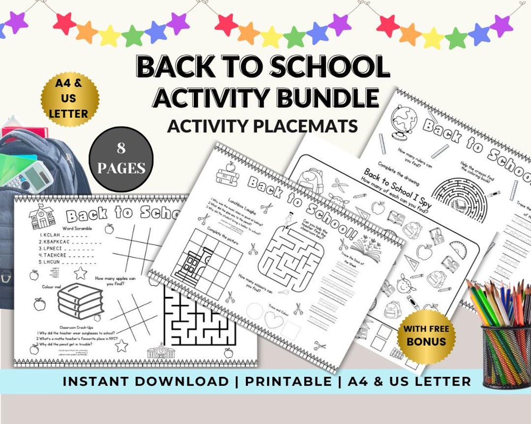 Back to School Activity Bundle School Placemats Printable 8 Pages Kids ...