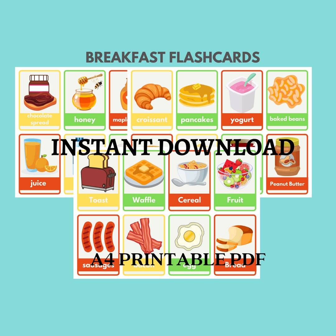 Breakfast Food and Drink Flashcards, Cards, Instant Download for School ...