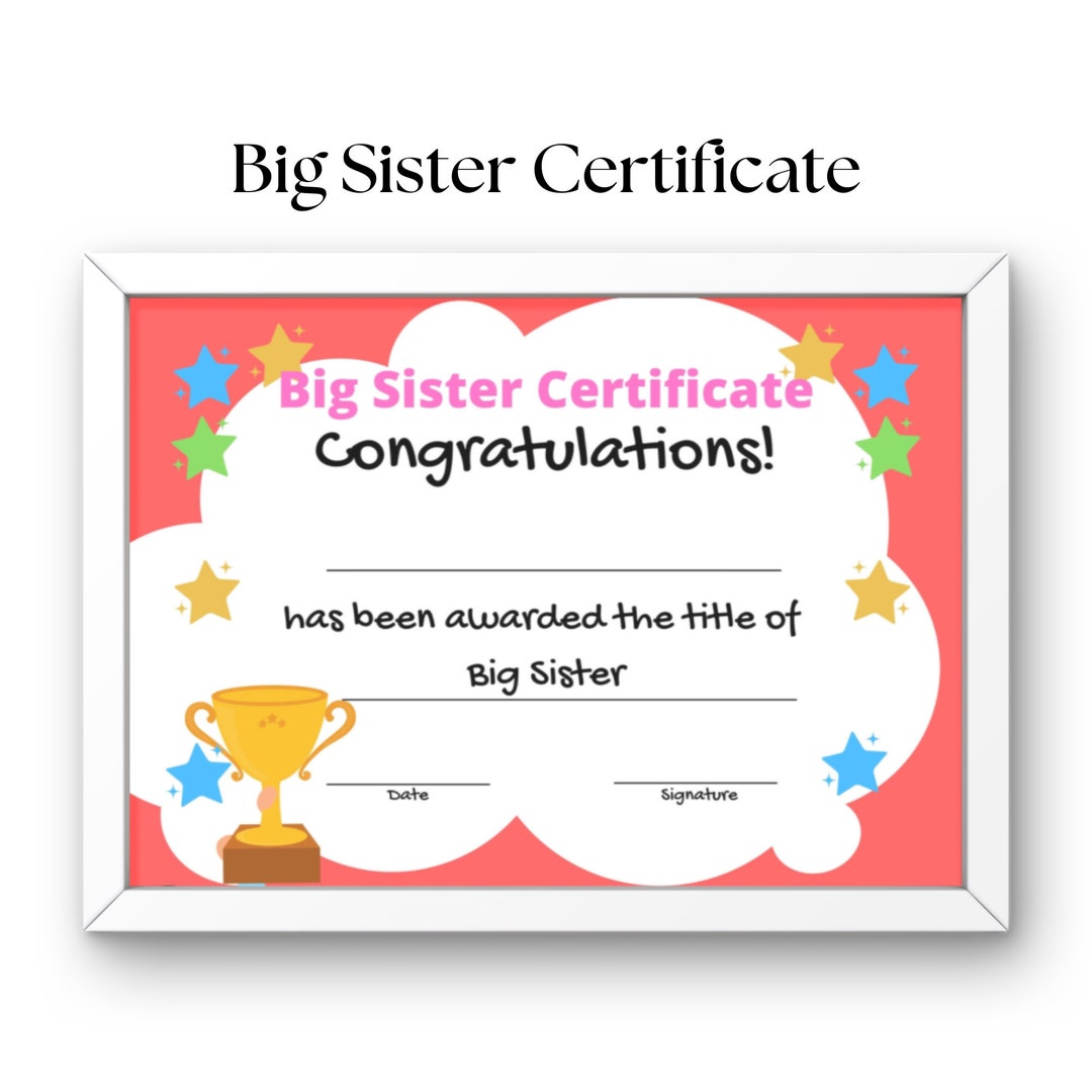 Big Sister Certificate Printable, New Sibling Keepsake Gift, Girl Red ...