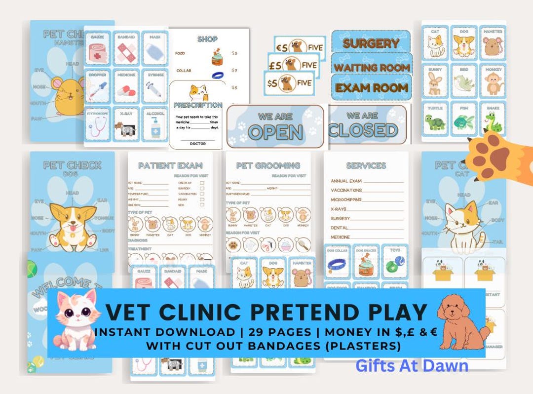 Printable Vet Clinic Pretend Play Set, Animal Doctor Role Play, Pet ...